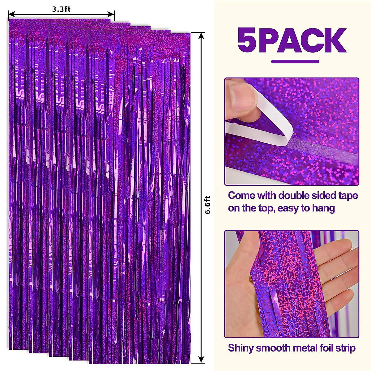 pabues 5 Pack 3.3ft x 6.6ft Laser Purple Tinsel Curtain Party Backdrop -Glitter Foil Fringe Curtain for Birthday Graduation Engagement Bridal Shower Bachelorette Baby Shower Party Decorations