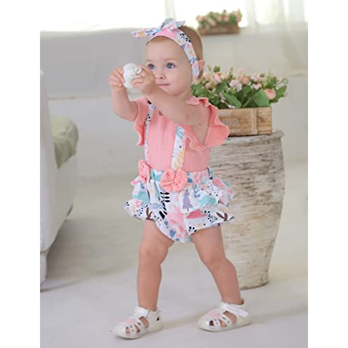 SAPGEJJDJFGE Newborn Baby Girl Clothes Infant Summer Outfits Leopard Heart Ribbed Sleeveless Top + Ruffle Shorts Set 2Pcs (Pink A, 0-3 Months)