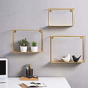 MyGift Wall Mounted Floating Shelf Display Organizer with Brass-Tone Metal Wire Frame, Set of 3 - Handcrafted in India