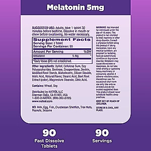 Natrol Fast Dissolve Melatonin 5 mg, Melatonin Supplements for Restful Sleep, Sleep Support for Adults, 90 Strawberry-Flavored Tablets, Up to a 90 Day Supply