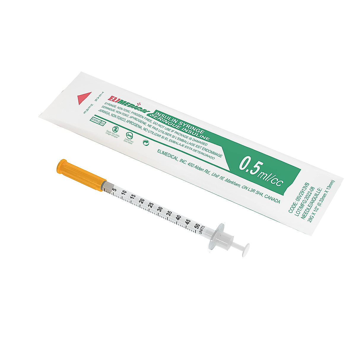 Elimedical Veterinary Insulin Syringe, U-100, 0.5cc (ml), 29g x 1/2 inch (12.7mm), Individually Packed, for Pet Cat or Dog, 100 per Box, 05V2913VB
