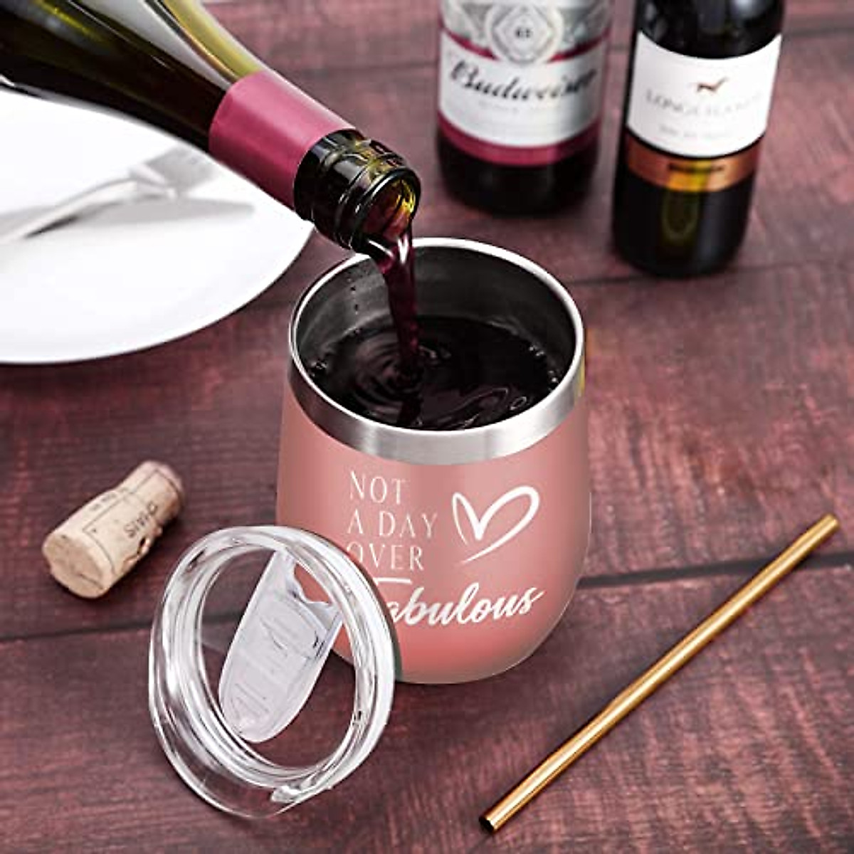 WONDAY Birthday Gifts for Women, Gifts for Women, Grandma, Mom, Wife, Daughter, Sister, Friends, 12 OZ Stainless Steel Wine Tumbler with Lid and straw. (RoseGold)