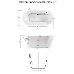 FerdY Bali 59" Acrylic Freestanding Bathtub, Gracefully Shaped Freestanding Soaking Bathtub, Toe-Tap Chrome Drain and Classic Slotted Overflow Included, Glossy White, cUPC Certified