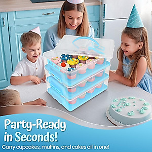 Flexzion 36 Cupcake Carrier 3 Tier Stackable Storage Container Collapsible Cake Carrier with Lid and Handle, Reusable Rectangular Plastic Dessert Travel Container, Display Holder Transport Box (Blue)
