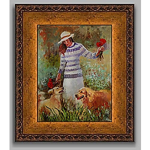 (SOLD) The Puppies and Poppies - female figure and Golden Retrievers by internationally renown painter Yary Dluhos