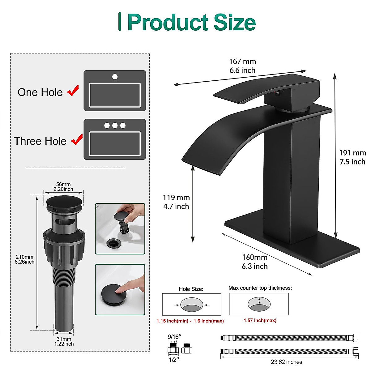 VOTON Black Bathroom Faucets Modern Waterfall Bathroom Sink Faucet Matte Black Single Handle Bathroom Faucet for 1 or 3 Holes with Deck Plate and Pop-Up Drain, Rv Sink Camper Farmhouse Bathroom Faucet