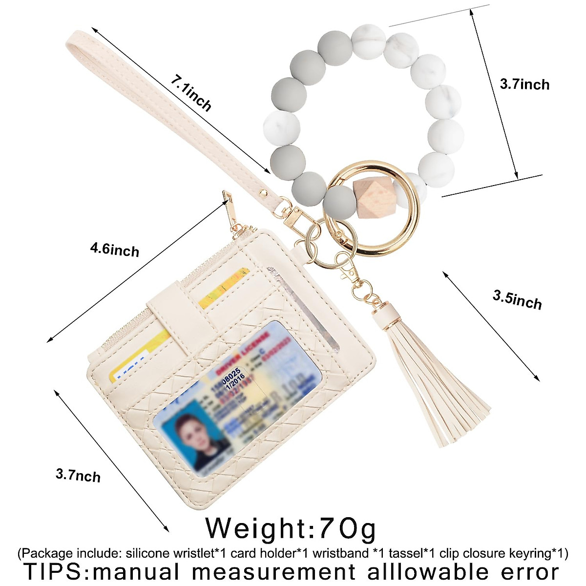 COOLANS Wristlet Bracelet Keychain Pocket Credit Card Holder Purse Tassel Keychain Bangle Key Ring for Women (Silicone Bead Bracelet+Card Purse (Creamy white))