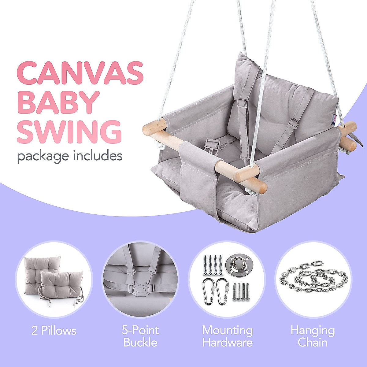 CaTeam - Canvas Baby Swing, Wooden Hanging Swing Seat Chair with Safety Belt, Durable Baby Swing Chair, Outdoor and Indoor Swing for Kids, Mounting Hardware Included, Taupe Gray