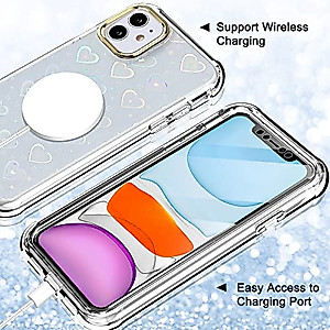 GAN Cheng Compatible with iPhone 11 Case 6.1" 2019 with Screen Protector, Shockproof TPU and Hard PC Cute Bling Glitter Sparkle Protective Case for Women & Girls - Clear Holographic Heart