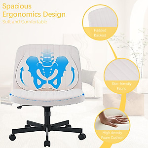 Fuqido Criss Cross Chair with Wheels, Wide Seat Cross Legged Armless Office Chair, Swivel Vanity Chair Height Adjustable, Fabric Ergonomic Office Desk Chair, Computer Chairs for Living Room Makeup