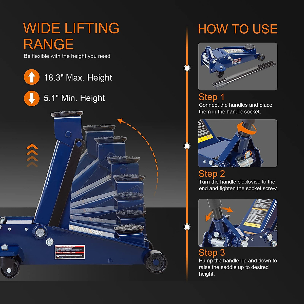 TCE ATZ830023U Torin Hydraulic Heavy Duty Steel Service/Floor Jack with Dual Piston Quick Lift Pump, 3 Ton (6,000 lb) Capacity, Blue