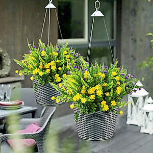 GREENRAIN 6 Bundles Artificial Flowers Outdoor Fake Plants UV Resistant Faux Plastic Flowers Garden Window Box Porch Home Decor Yellow + Purple