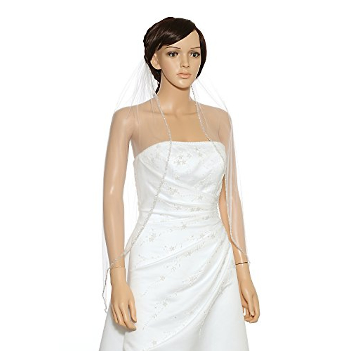 SAMKY 1T 1 Tier Crystals Pearls Beaded Wedding Veil (Fingertip Length 36" Light Ivory)