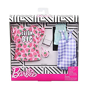 Barbie Clothes, 2 Outfits Doll Include a Strawberry-Print Dress, a Checked Dress and Top, Plus a Strawberry-Decorated Purse and Heart-Shaped Sunglasses, Gift for 3 to 8 Year Olds​