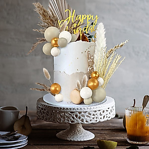 50 PCS Boho Cake Toppers Mini Balls Cake Topper Various Dried Pampas Grass Cake Decor for Boho Home Wedding Cake Decoration (Grey White Gold)