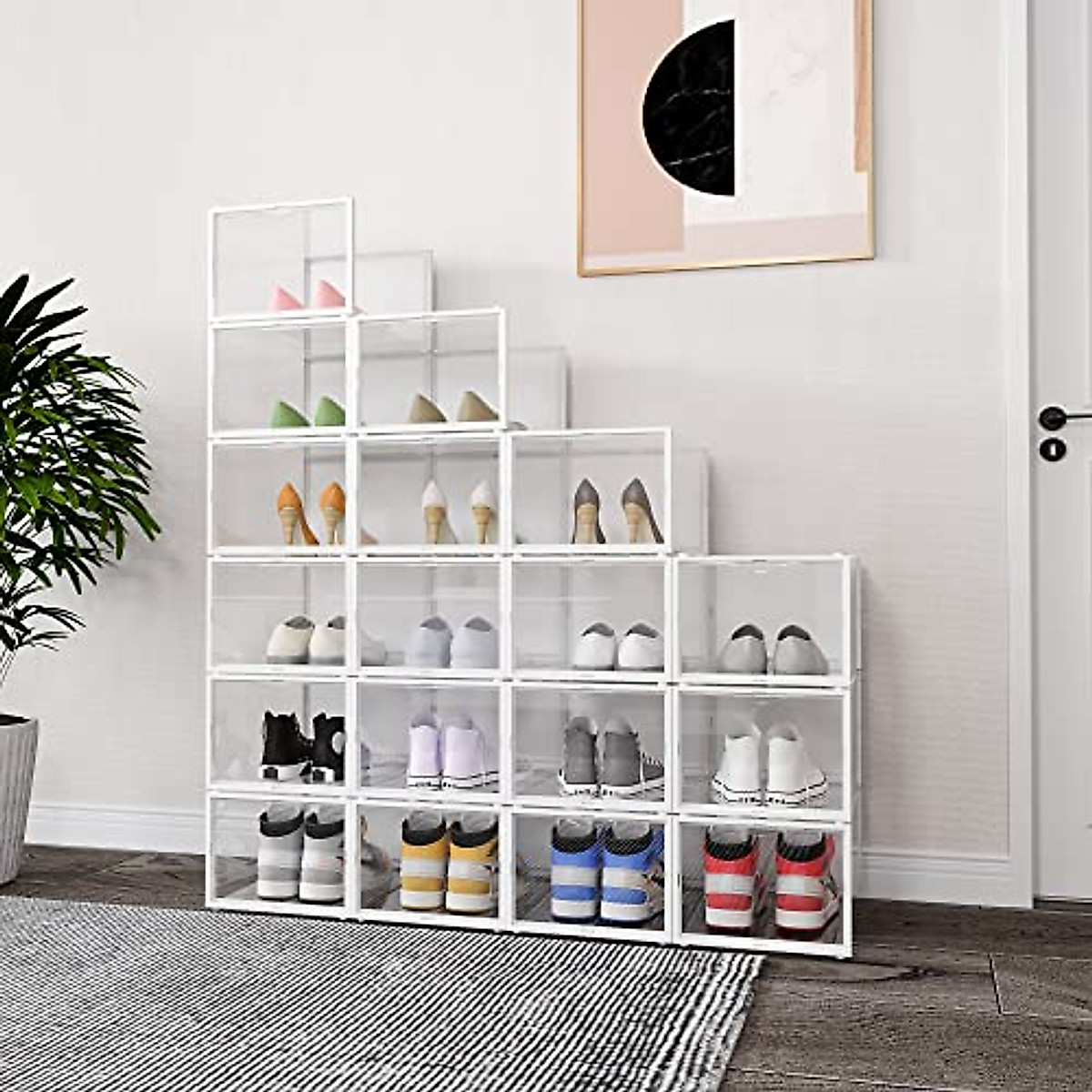 WAYTRIM Clear Plastic Shoe Storage Boxes, Foldable 18 Pack Stackable Shoe Organizer for Closet, Drop Front Door Sturdy Sneaker Containers for Women’s Size 14 - Large