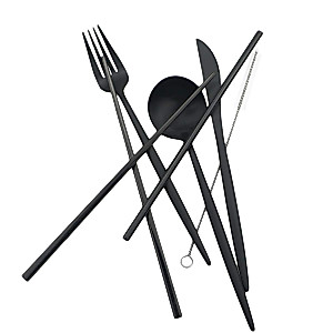 Gugrida Reusable Travel Utensils, 7 Piece Portable 304 Stainless Steel including Knife Fork Spoon Chopsticks Cleaning Brush Straws Portable Pouch, Eco-friendly Camping Silverware Set, Dishwasher Safe