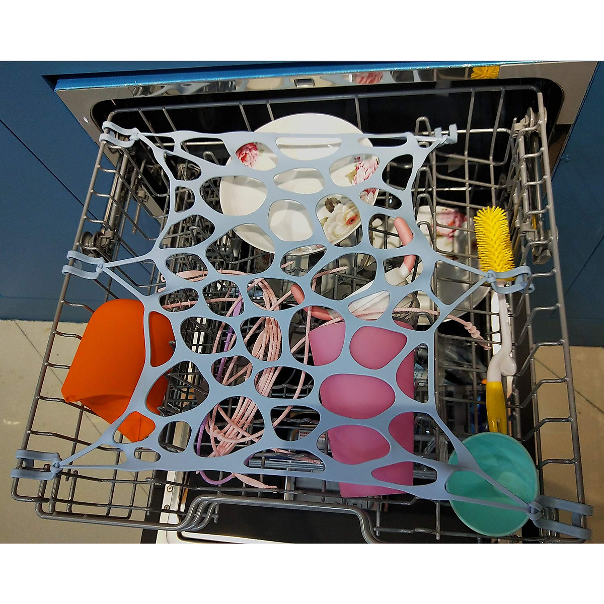 REVEX Dishwasher Net, 9.8"x14.5" Silicone Dishwasher Net For Small Items, 6 Adjustable Hooks to Cover Plastic Bowls,Baby Bottle and Cups to Avoid Tipping Over, Suitable for All Dishwashers (Blue)