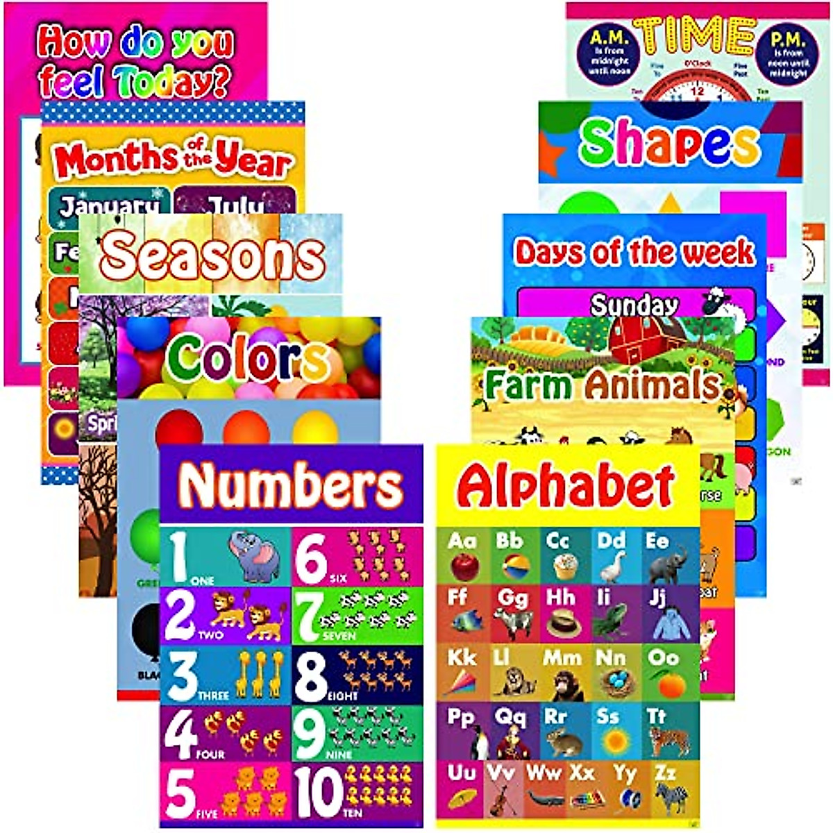 L&O Goods 10-Pack Large Educational Posters for Preschoolers, Toddlers, Kids, Kindergarten Classrooms | Fun Early Learning for Alphabet Letters, Numbers, Shapes, Colors, Seasons, Emotions, Days, Months, & More