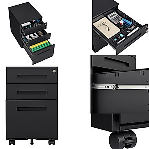 Gustonhon 3-Drawer Mobile File Cabinets Rolling Metal Filing Cabinet for Legal & Letter File Anti-tilt Design with Lock Under Desk Office Drawers Fully Assembled Except Casters (Matt Black)