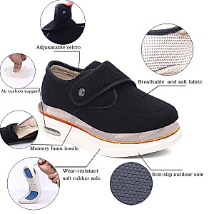 Women's Wide Shoes with Adjustable Strap Lightweight Walking Shoes for Elderly Mother Seniors Swollen Feet Plantar Fasciitis Black
