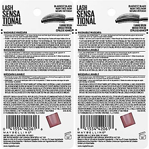 Maybelline Lash Sensational Washable Mascara, Lengthening and Volumizing for a Full Fan Effect, Blackest Black, 2 Count