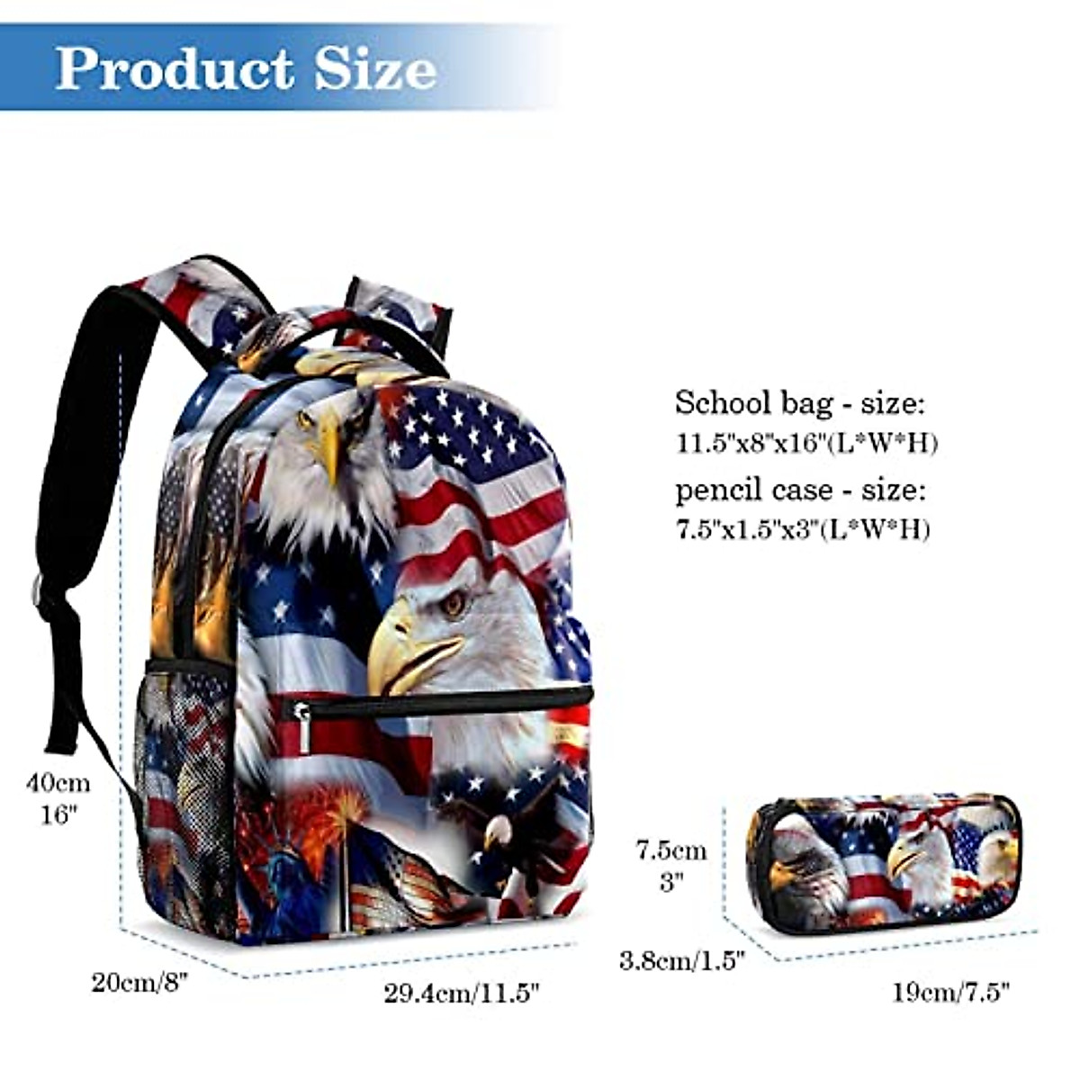 Kigauru School Backpack for Teens Girls Boys, American Flag Bald Eagle Bookbag Travel Daypack Pencil Case, Multicolor 02, 29.4x20x40cm/11.5x8x16 in