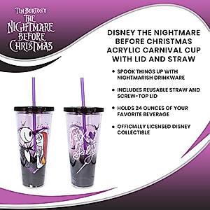 Disney The Nightmare Before Christmas 24-Ounce Carnival Cup With Reusable Straw and Leakproof Lid | Plastic Cold Cup For Boba Milk Tea Beverages, Home & Kitchen Essentials | Tim Burton Halloween Gifts