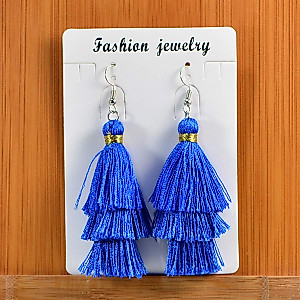 AD Beads Fashion Charm Crystal Silk Tassel 3 Layers Fan Fringe Dangle Earrings (16 Royal Blue)