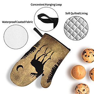 DONMYER Rustic Elk Moose Deer Forest Pine Tree Moon Design Oven Mitts and Pot Holders Sets of 4 Vintage Animal Heat Resistant Gloves Set Potholders for Kitchen Grilling Non-Slip, 7.2x11in+8x8in