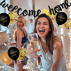 Welcome Home Banner And Cake Topper Decorations Gold Black Glitter Dot Circle Garland Triangle Flag Banner Welcome Balloons For Welcome Back Party Housewarming Party Supplies