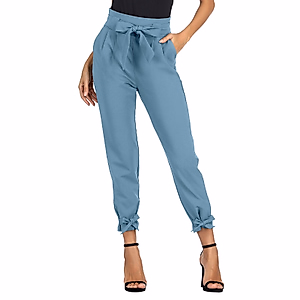 GRACE KARIN Women's Casual High Waist Belt Decorated Pencil Capri Pants with Bow-Knot Denim Blue