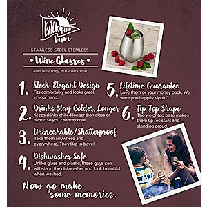 Backyard Bum Premium Solid Stainless Steel Wine Glasses | Set of 4 Large 18 Ounce | Stemless Wine Glasses| Perfect for Entertaining Outdoors