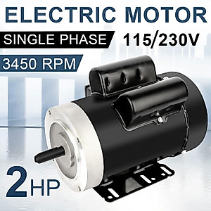 2HP Electric Motor 3450 RPM General Purpose Single Phase Motor 56C Frame 115V/230V 5/8" Shaft Diameter Rolled Steel Shell TEFC 60HZ