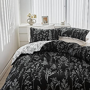 Floral Queen Duvet Cover, Microfiber 3 Pieces Floral Bedding Queen Set, 1 Duvet Cover +2 Pillowcases, Black and White Floral Duvet Cover Queen, with Zipper Closure, Durable, Easy Care (NO Comforter)