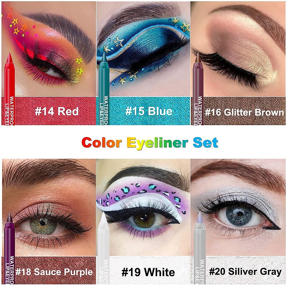 15 Colorful Eyeliner Pen Set, Eye Shadow Pencil, Pearl Eyeliner Kit Metallic Eyeliner Pencil Glitter Eyeliner for Women Eye&Lip Liner Professional Eye Makeup Set Colorful Eyeliner Eye Color