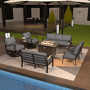 Piltwoff 8 Piece Patio Furniture Set,9-Seat Modern Metal Outdoor Conversation Sets w/45in 55000BTU Propane Fire Pit Table,Swivel Rocking Chairs Patio Sectional Sofa w/Coffee Table,Grey
