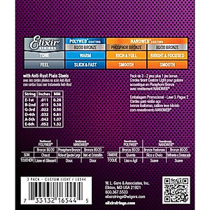 Elixir Strings, Acoustic Guitar Strings, Phosphor Bronze with NANOWEB Coating, Longest-Lasting Rich and Full Tone with Comfortable Feel, 6 String Set, 3 Pack, Custom Light 11-52