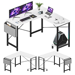 Sweetcrispy L Shaped Desk Gaming Computer 50 Inch Reversible Corner White Table PC Work Table for Writing Study Student with Wood Tabletop Metal Frame CPU Stand Side Bag for Home Office Small Place