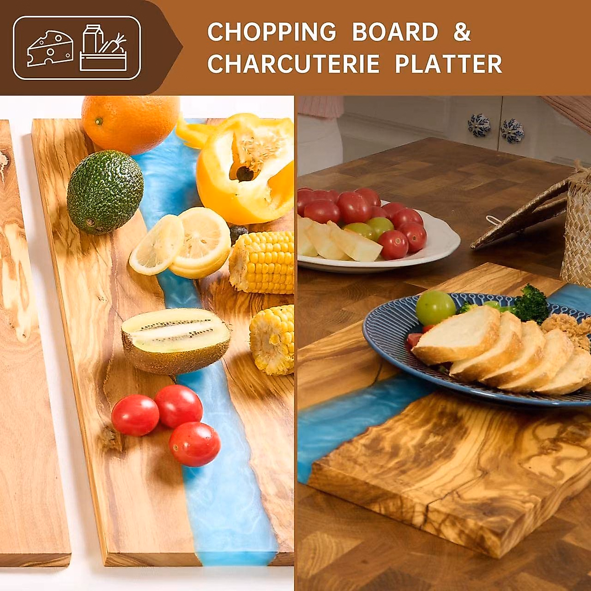 Greenmemo Italian Olive Wood luxury Cheese board with Resin, Charcuterie board, Chopping and Cutting Board for Meat Vegetable & Fruit, Wooden Epoxy Serving Board (Blue And White Gradient)
