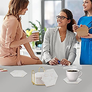 Geichan Coasters for Drinks with Holder, Absorbent Marble Coasters Set of 8, Ceramic White and Gold Coasters for Coffee Table,Housewarming Gift,Tabletop Protection, Home Decor