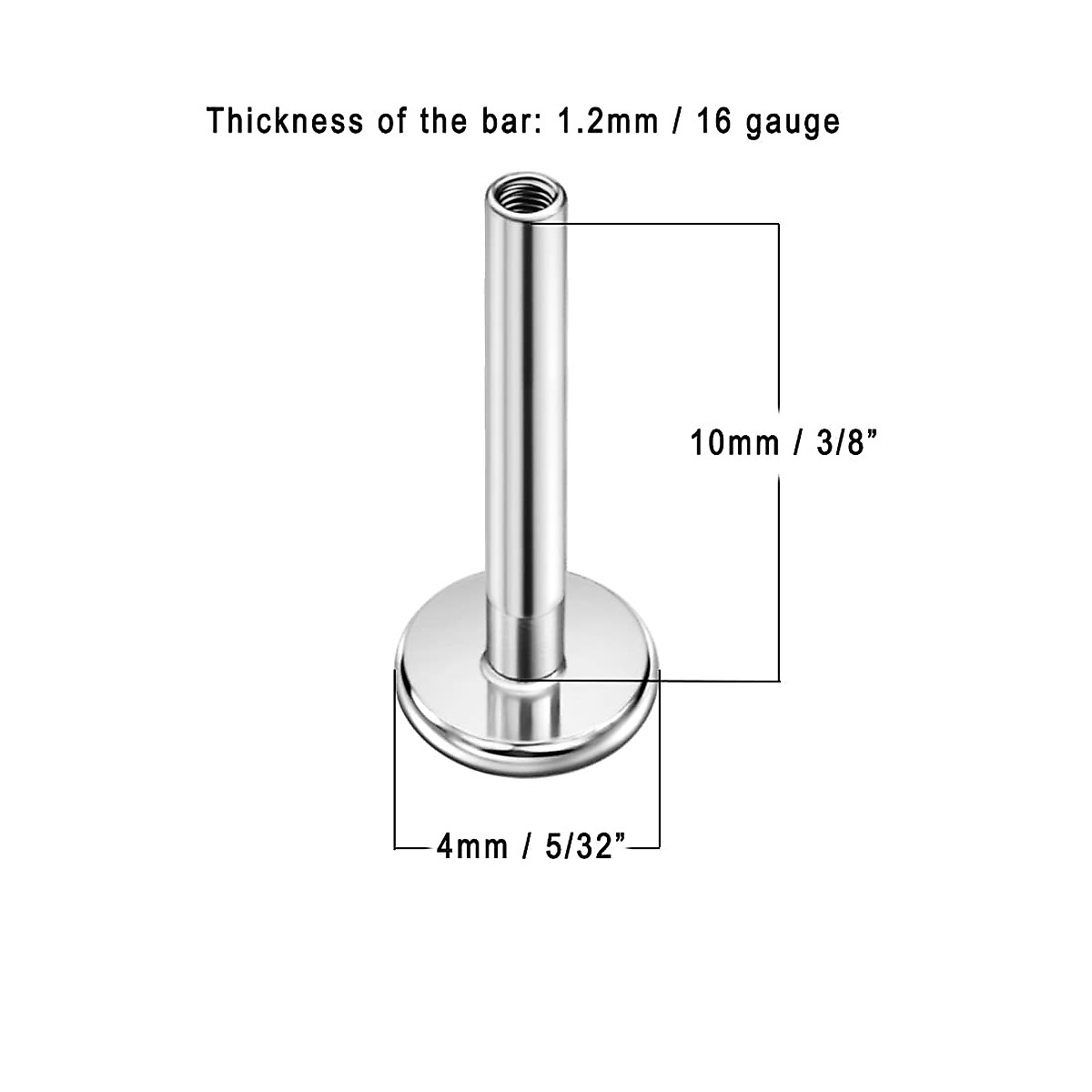 FANSING 6pcs 16g 10mm Silver Surgical Steel Internally Threaded Labret Post Without End