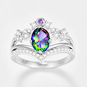 Narica Silver Plated Oval Cut Created Rainbow Topaz CZ Cubic Zirconia Filled Eternity Halo Cocktail Party Wedding Engagement Statement Band Elegant Women's Crown Ring for Mom Bridal Lover Gift 6#