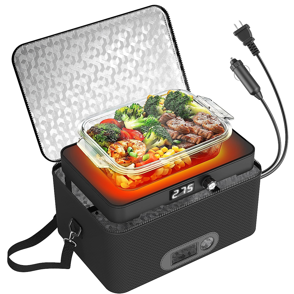 Portable Oven, 12V 24V 110V-240V Car Food Warmer Portable Personal Mini Oven Electric Heated Lunch Box for Meals Reheating & Raw Food Cooking for Road Trip/Camping/Picnic/Family Gathering(Black)