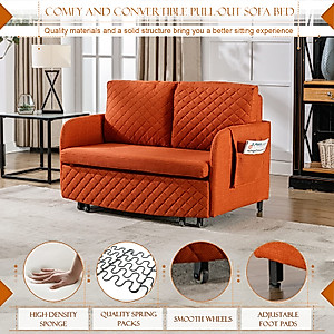 Pull Out Futon Sofa Bed, Convertible Small Loveseat Sleeper with Storage Drawer, 3 in 1 Futon Couch with Removable Pocket and 2 Pillows, Modern Love Seat for Living Room, Guest Room, Deep Orange