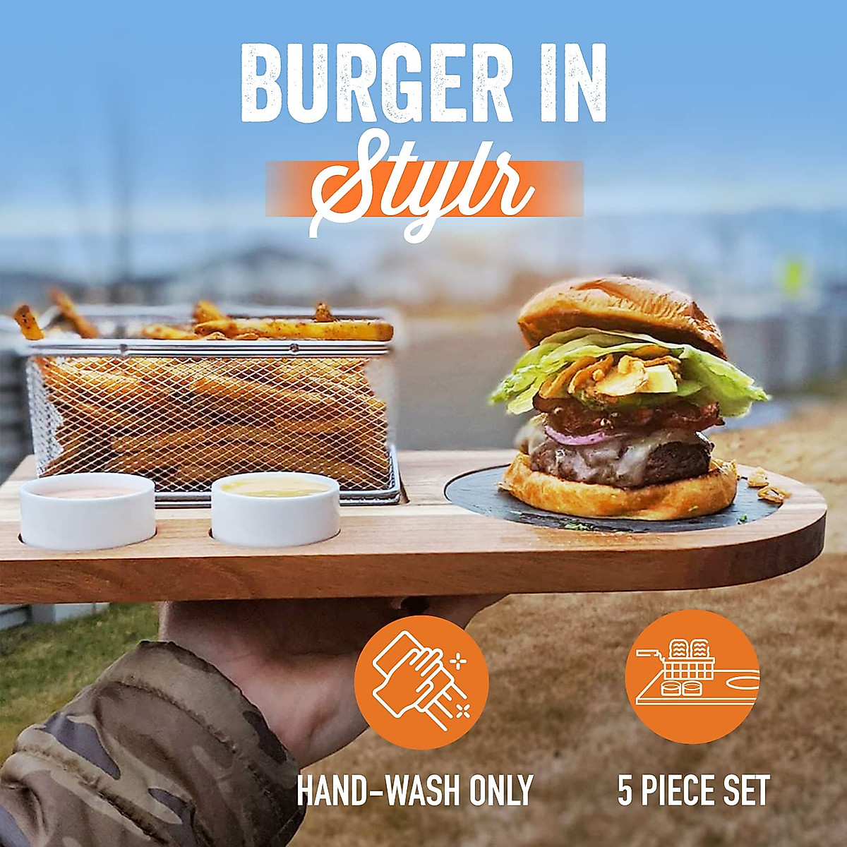 Yukon Glory™ Burger Serving Set, Perfect For Foodies, Burger Lovers and Tablescapes, Includes Premium Acacia Wood Board With Slate, Stainless Steel Fry Basket and Porcelain Condiment Cups,