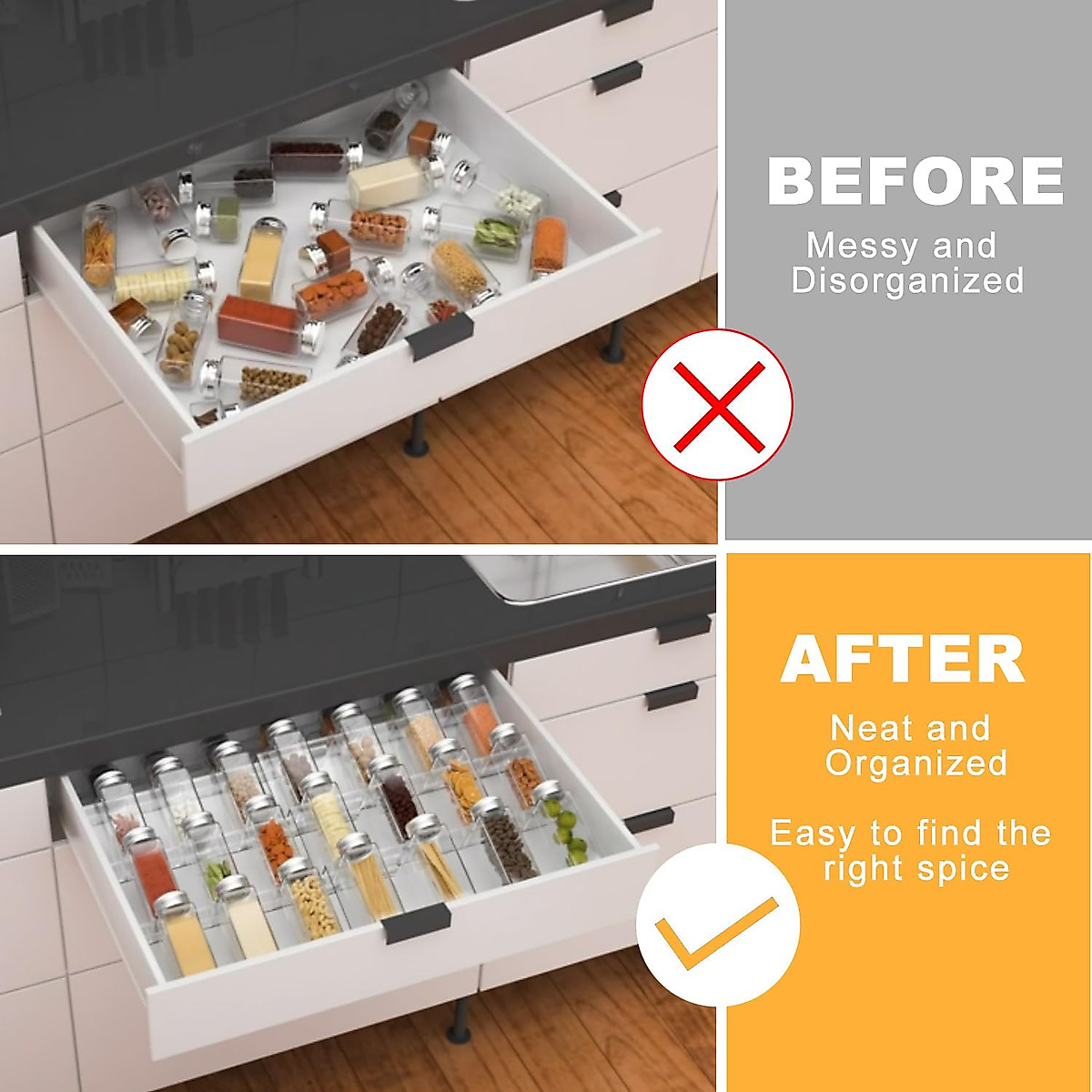 FEMELI Spice Drawer Organizer Insert for Kitchen,Adjustable Expandable Spice Rack Tray 4 Tiers for Spice Jars,Seasonings,Acrylic,Clear,2 Pack