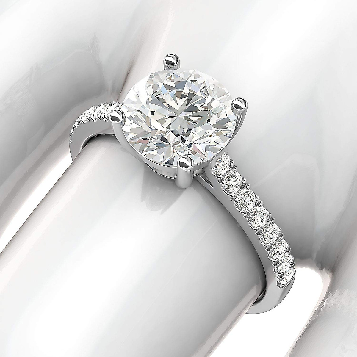 Sterling Silver 2CT Classic 4-Prong Genuine Moissanite Engagement Ring with Side Stones Promise Bridal Ring (6)