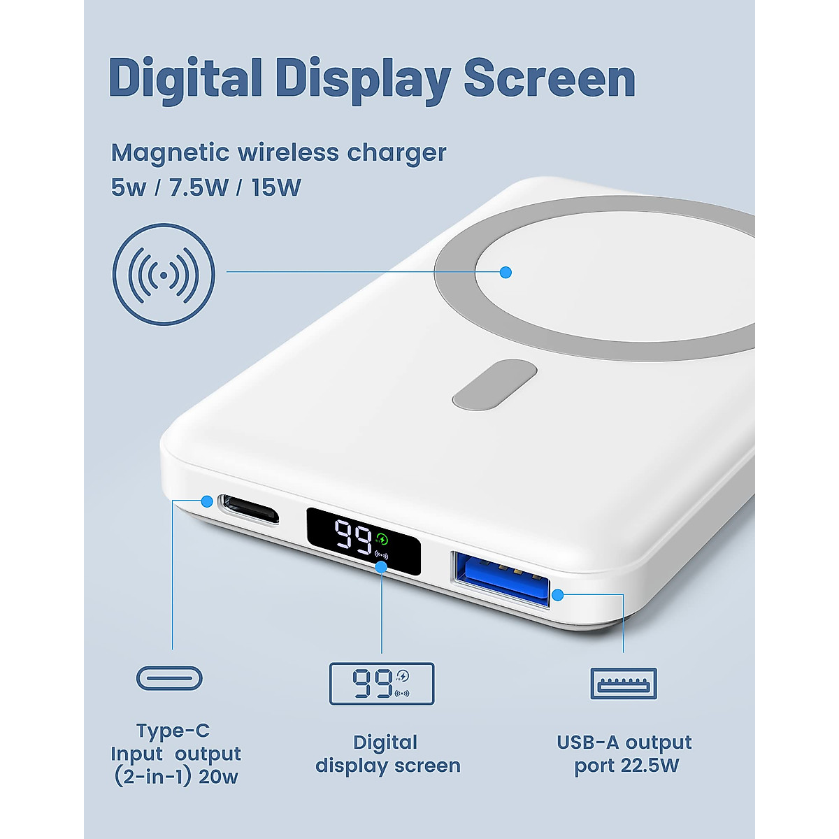 Yiisonger Wireless Power Bank, Slim 10000mAh Magnetic Portable Charger 22.5W PD Fast Charging, Mini Mag-Safe Battery Pack QC3.0 LED Display USB-C Compatible with iPhone 15&14&13&12 Series(White)