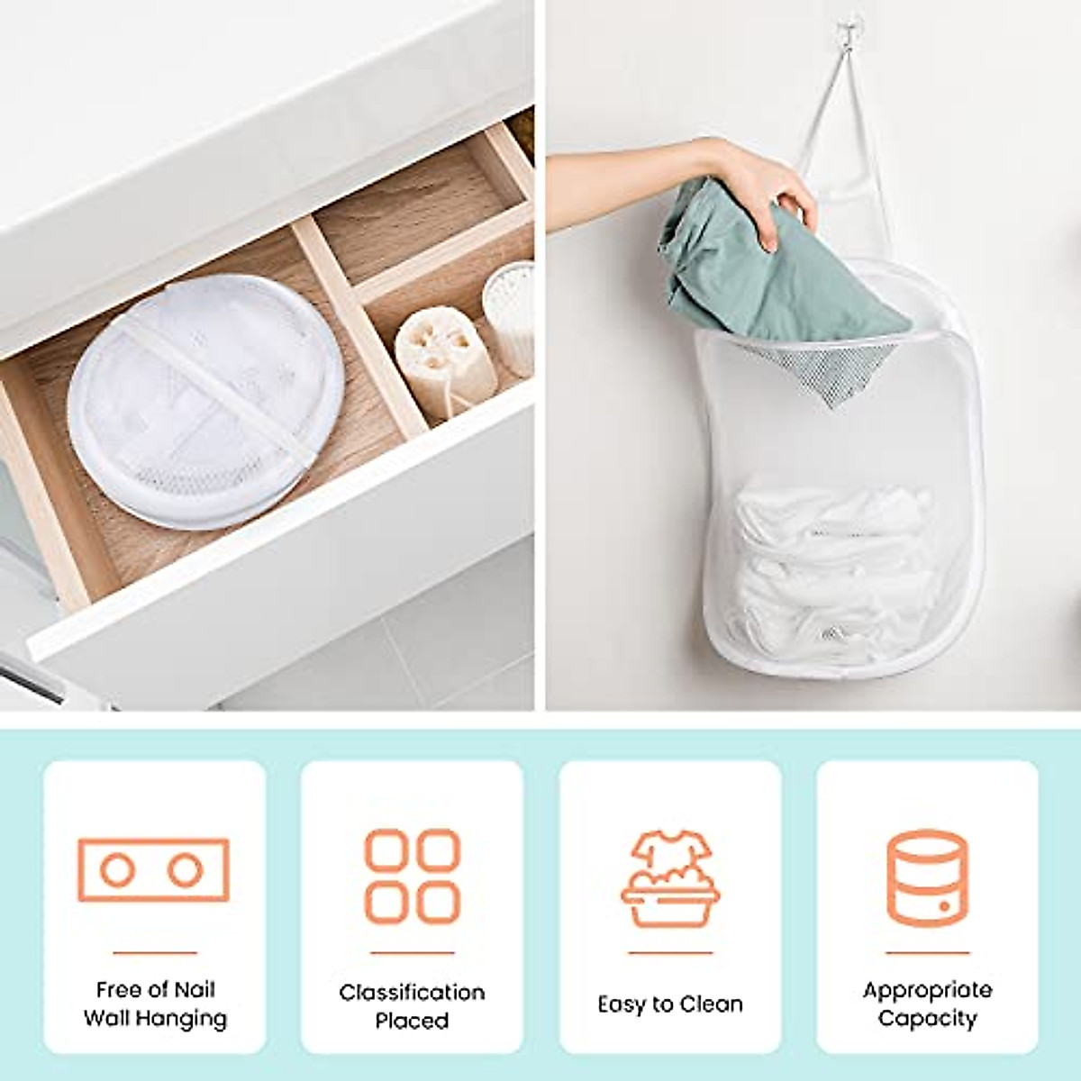 3 Pieces Hanging Laundry Hamper Laundry Bag to Hang Foldable Mesh Hamper Dirty Cloth Basket with Carry Handle Door Net Hampers for Store Cloth, Toy, Camping, Hotel Use